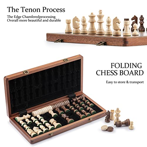A&A 15 inch Wooden Folding Chess & Checkers Set w/ 3 inch King Height Staunton Chess Pieces - Mahogany Box w/Mahogany & Maple Inlay