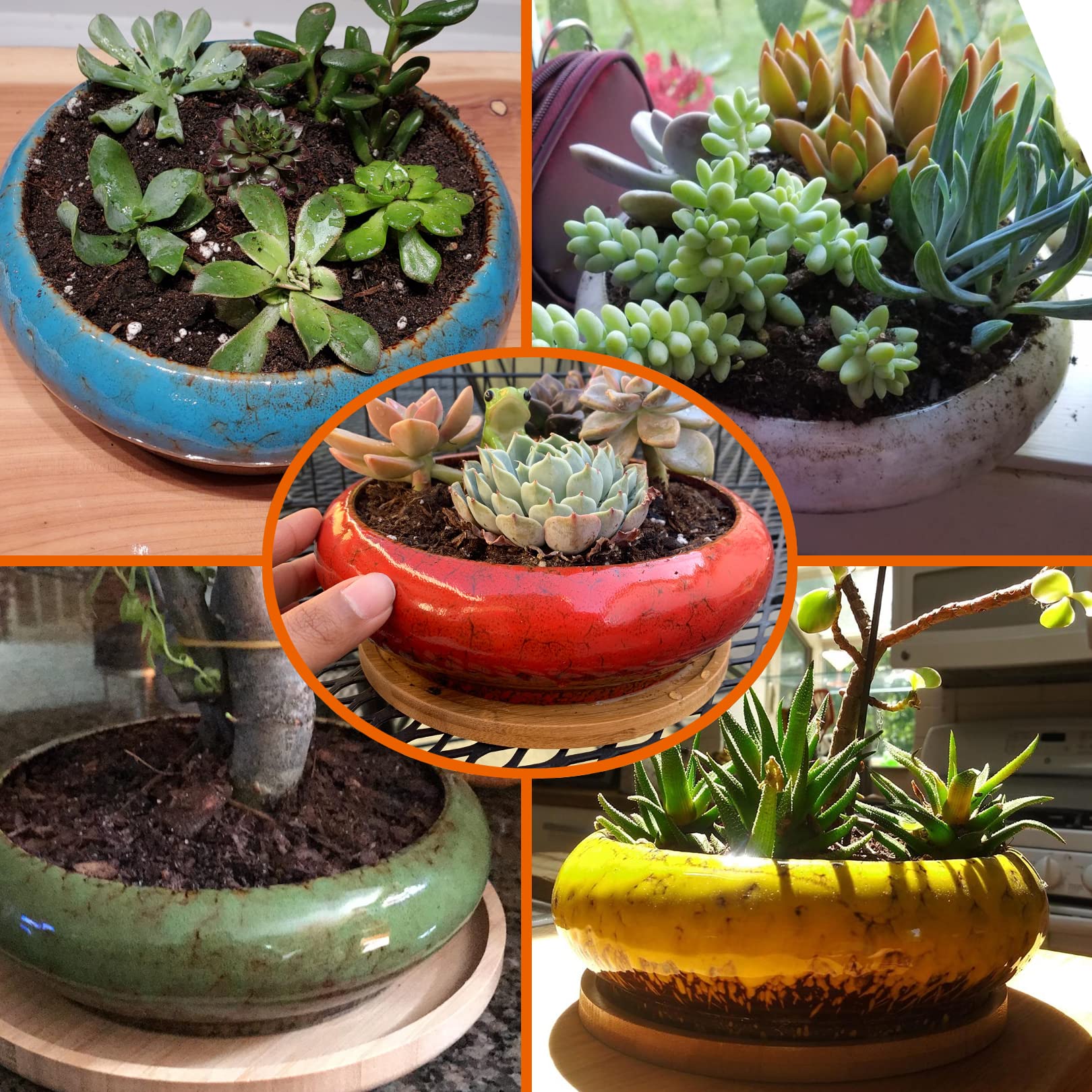 ARTKETTY Succulent Pots - Large Succulent Planters Pots with Drainage Tray, 1 Rectangle Flower Pot + 1 Round Bonsai Pot