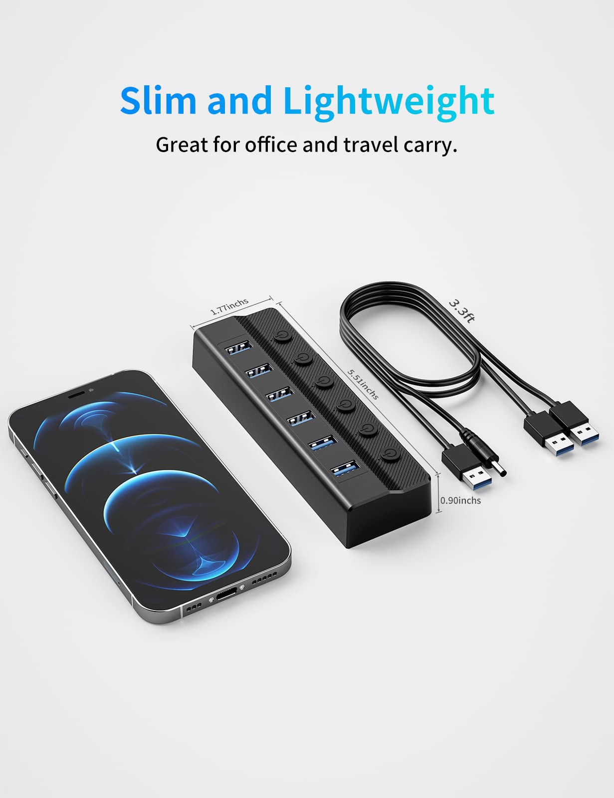 6-Port USB 3.0 Hub, LURMMUE USB Splitter for Laptop with Individual On/Off Switches and Light, 3ft Long Cord, USB Port Hub Extension for PC and Computer