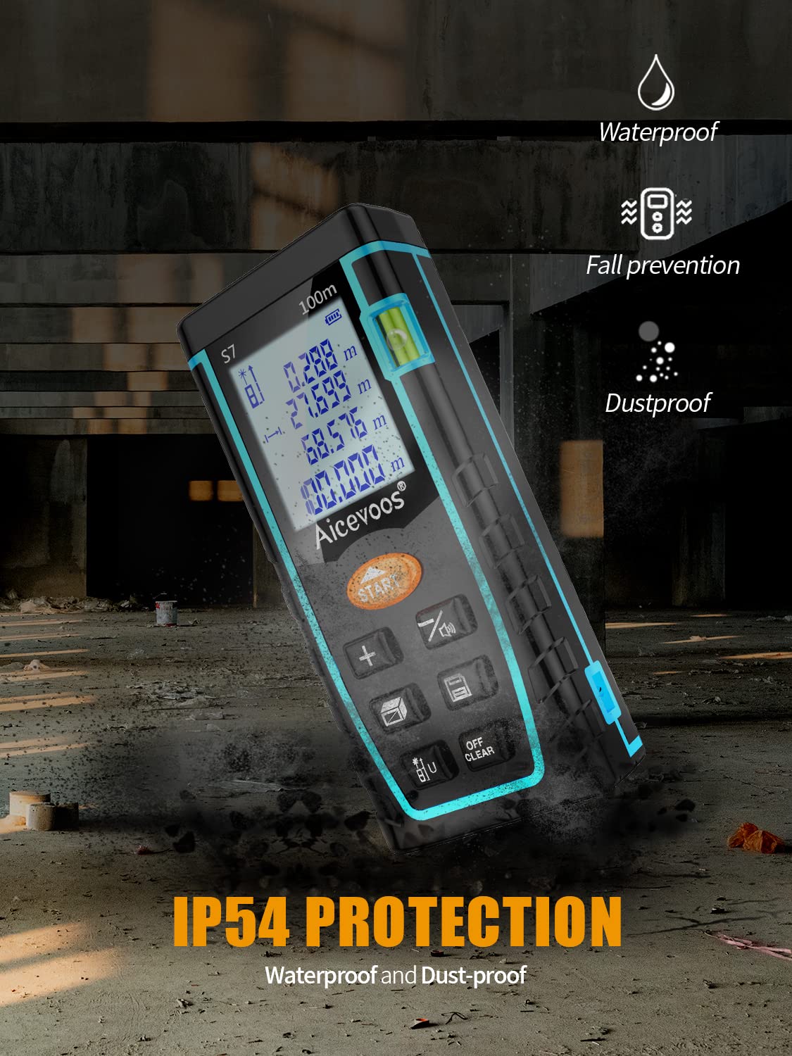 Aicevoos Laser Measure 328ft,Digital Laser Distance Meter, M/in/Ft Unit Switching Backlit LCD 4 Line Display IP54 Shockproof,Measure Distance, Area and Volume | 100M