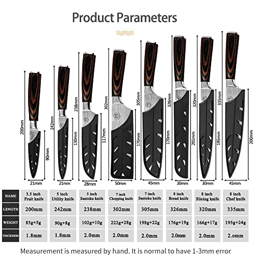XYJ Stainless Steel Kitchen Knives Set 8 Piece Chef Knife Set with Carry Case Bag & Sheath Well Balance Ergonomic Handle