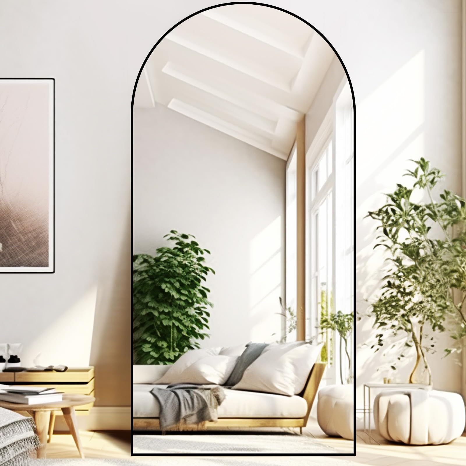 ABSWHLM 71"x32" Mirror Full Length Arched Floor Mirror with Stand Aluminum Alloy Frame Large Mirror for Living Room, Bedroom Hanging Standing or Leaning Wall-Mounted, Black