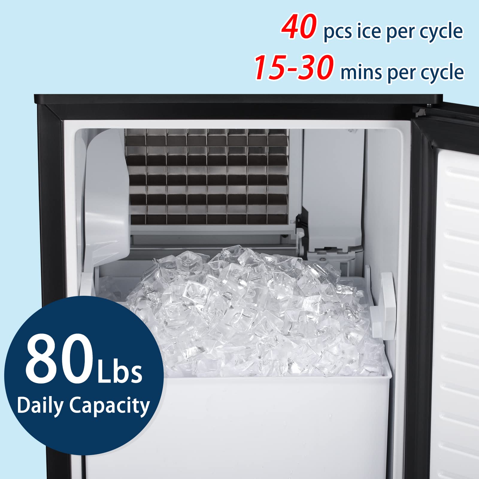 Antarctic Star Ice Maker 115V 60Hz Ice Scoop Handle Water Inlet Pipe Draining Pipe Quick Connector 40 Square Ice Cubes in 20 Minutes 80lbs in 24H 24-Hour Timer Self-Cleaning, Silver