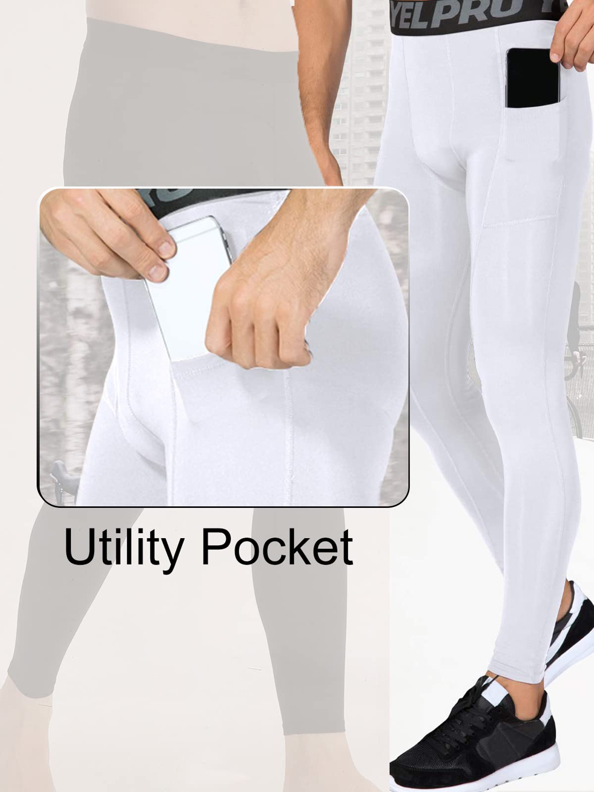 ABTIOYLLZ Men's Compression Pants White Athletic Leggings Pockets Sports Baselayer Basketball Cycling Tights Active Running Pants