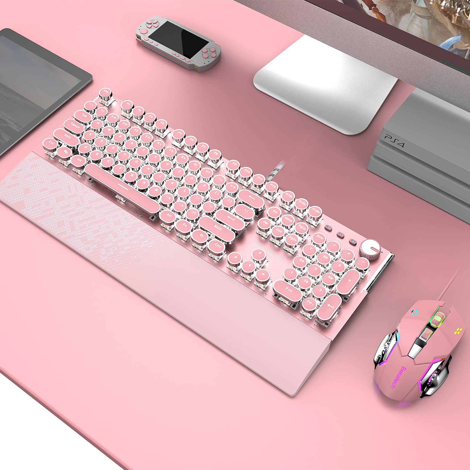 Basaltech Typewriter Keyboard and Mouse Combo, Pink Gaming Keyboard with White LED Backlight, Round Keys Blue Switch Mechanical Keyboard with Magnetic Removable Wrist Rest for Game and Office
