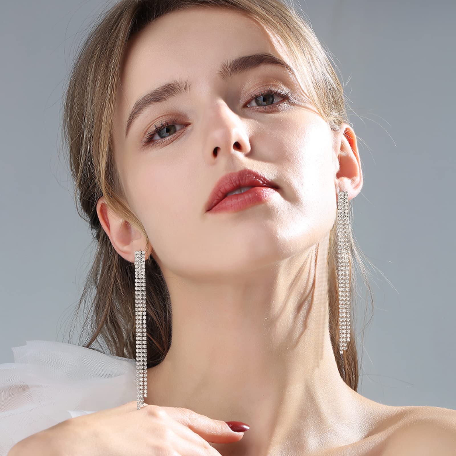 925 Silver Dangle Earrings Sparkling Long Tassel Chandelier Earrings for Wedding Prom Elegant Dangle Earrings for Women Girls