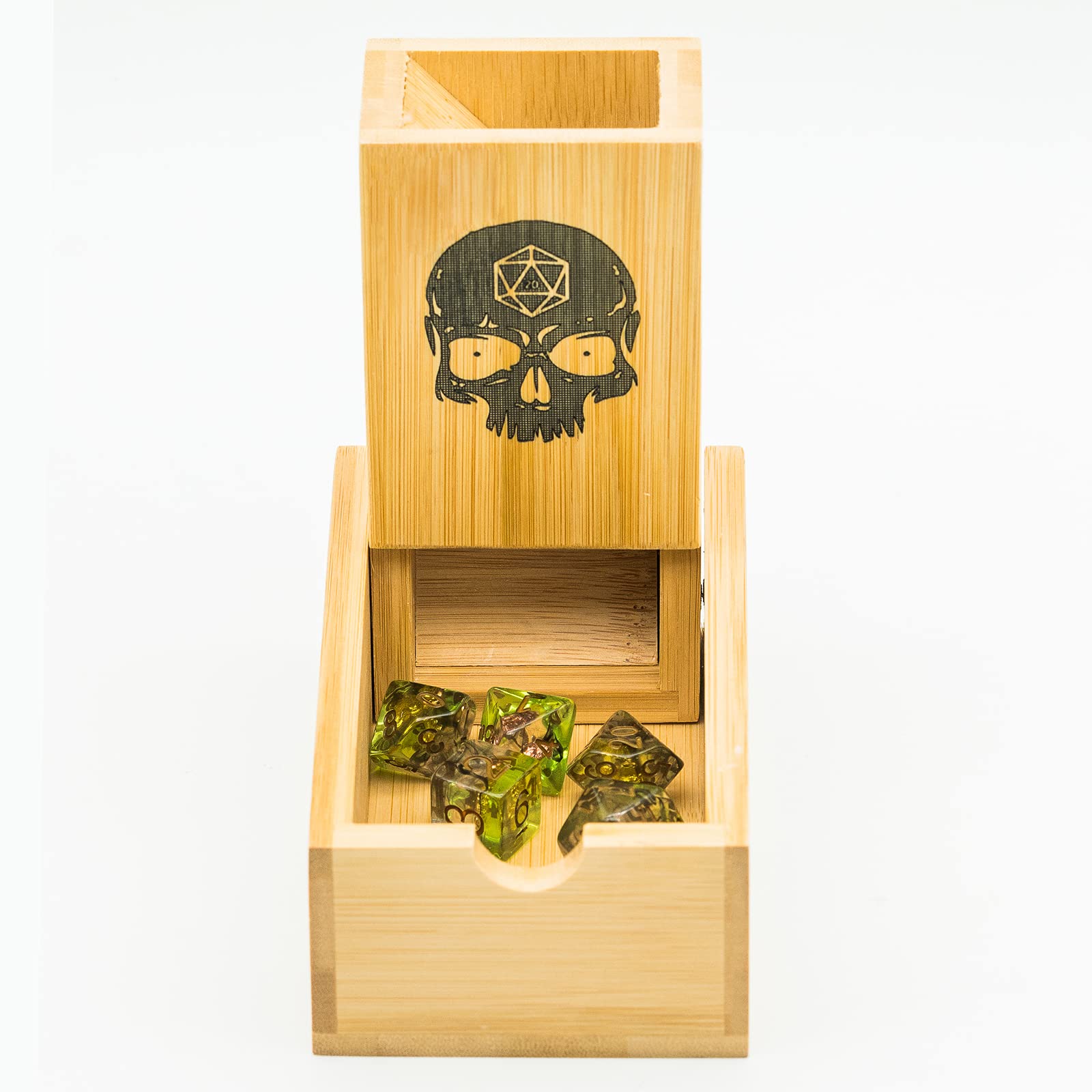 Cusdie Bamboo Dice Tower Foldable Wooden Die Roller Castle Rolling Case for Dungeons and Dragons, Board Game, D&D, RPG(Skull)