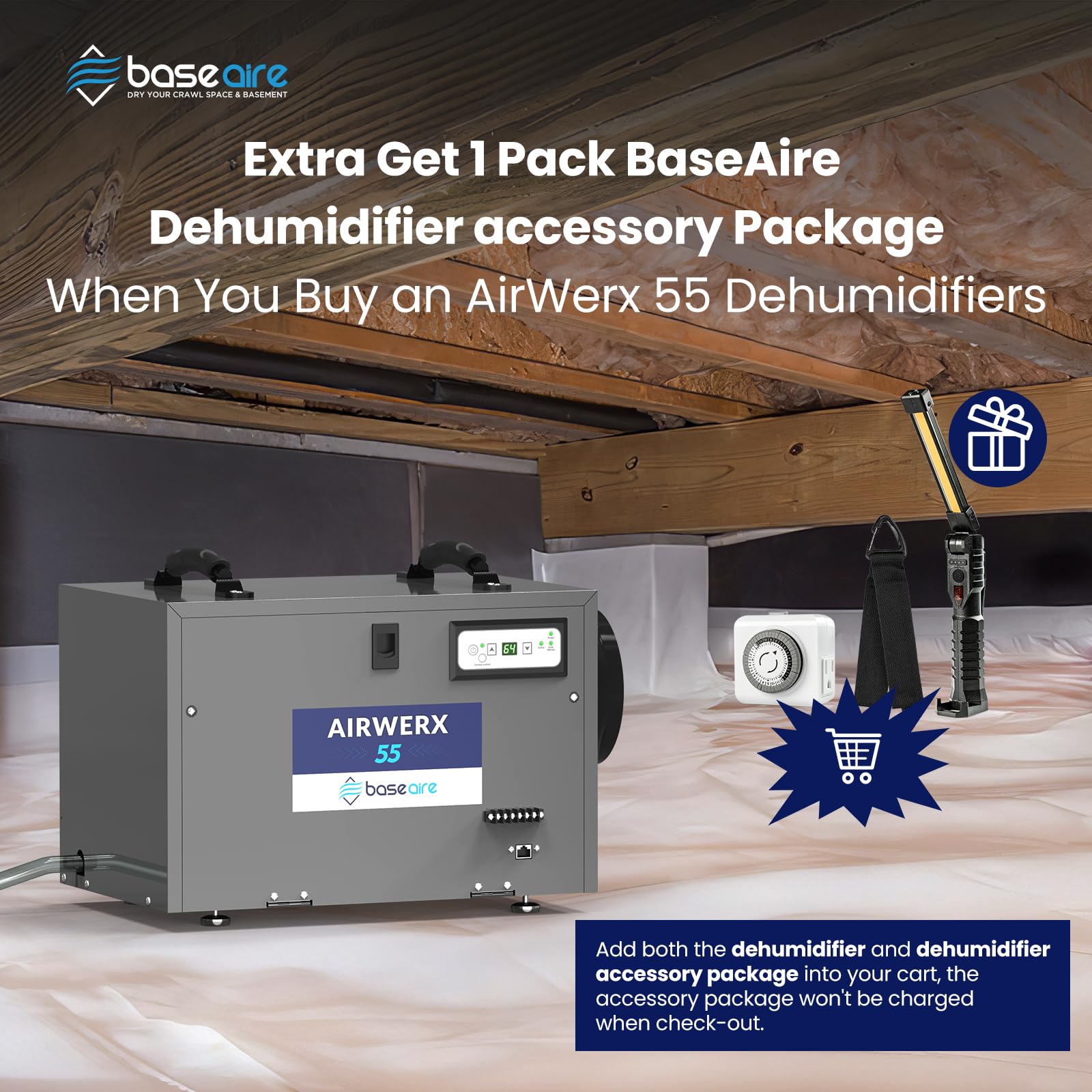 BaseAire 113 Pint Commercial Dehumidifier with Drain Hose for Crawl Spaces, Basements, Whole House, Compact, Portable, Auto Defrost, Memory Starting, 5 Years Warranty, Commercial Industrial Home Use