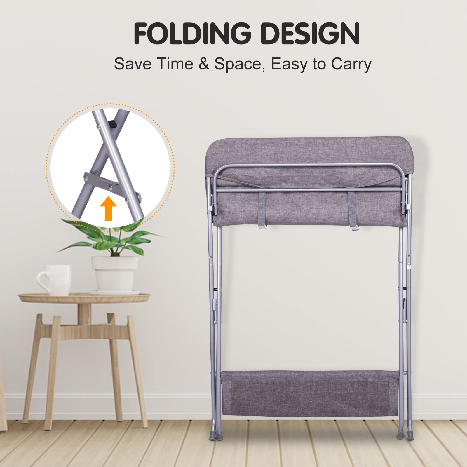 Baby Changing Table Nursing Station - Folding Diaper Table for Newborn Infant with Large Organizer Racks & Safety Belt, Grey
