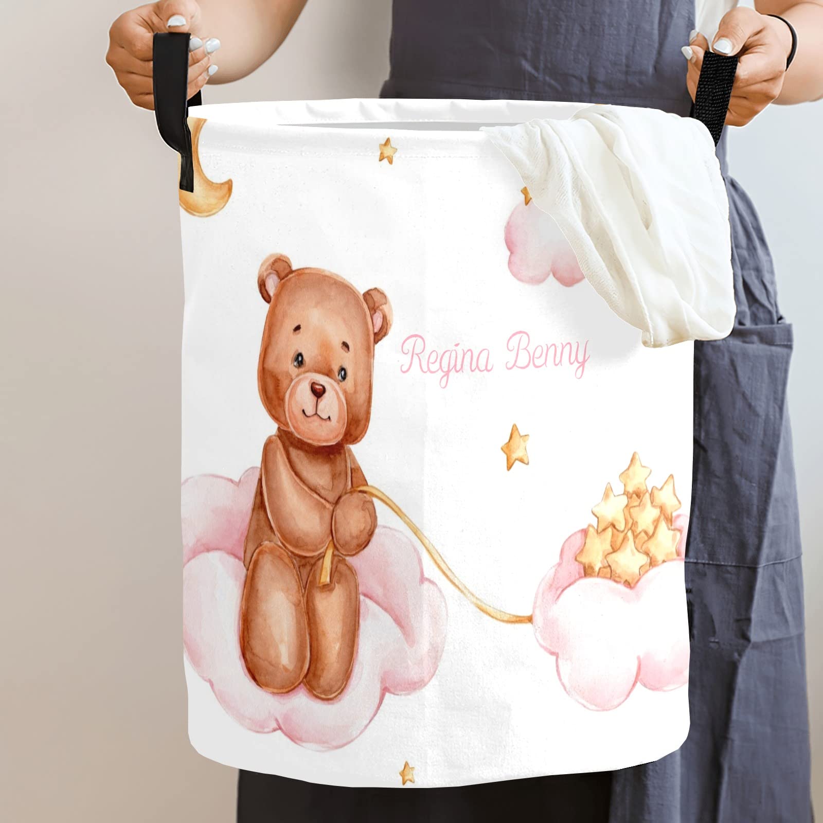 Cute Teddy Bear Stars Personalized Laundry Basket Clothes Round Storage Handle Waterproof, Custom Foldable Large Capacity and Lightweight, For Bedroom Bathroom Toy Decoration