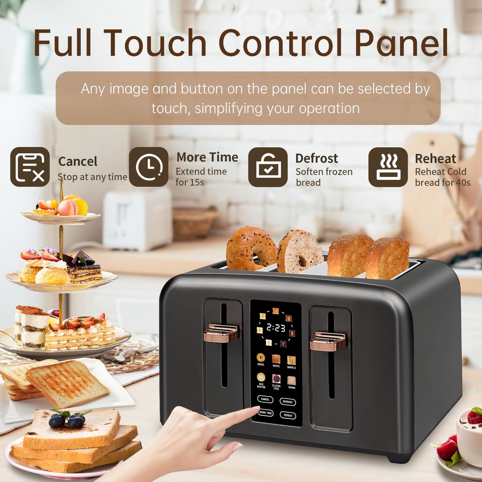 SEEDEEM Toaster 4 Slice, Full Touch control Toaster, LCD Display, 6 Bread Type, 7 Shade Settings, 1.4''Wide Slots,More Time Function, Removable Crumb Tray, 1800W, Dark Metallic