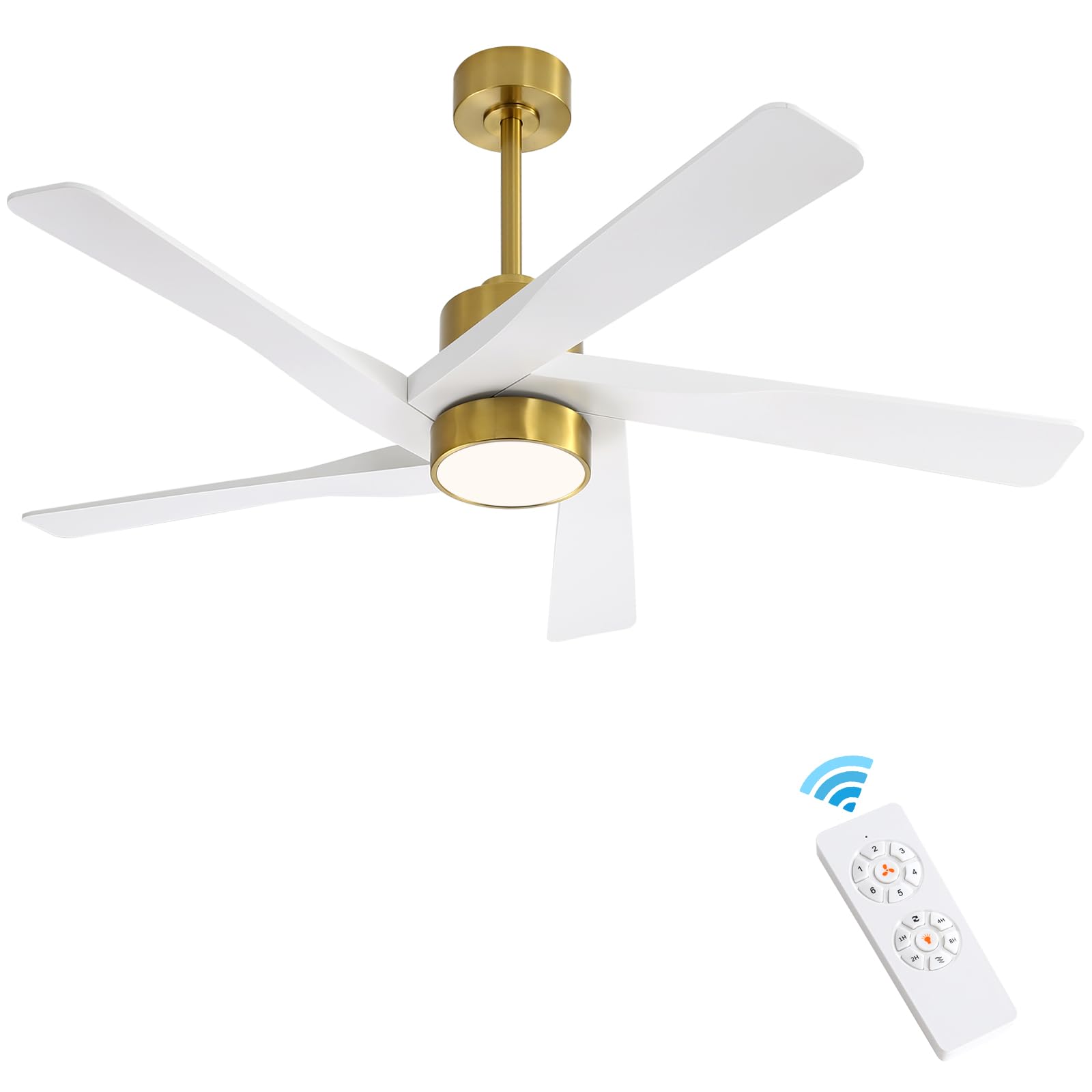 ACOZ 64" ABS DC Ceiling Fan with Lights, 5 Blade ABS Plastic Ceiling Fan with Remote, 6-Speed Reversible DC Motor, LED Ceiling Fan for Kitchen Bedroom Living Room, Brass and White