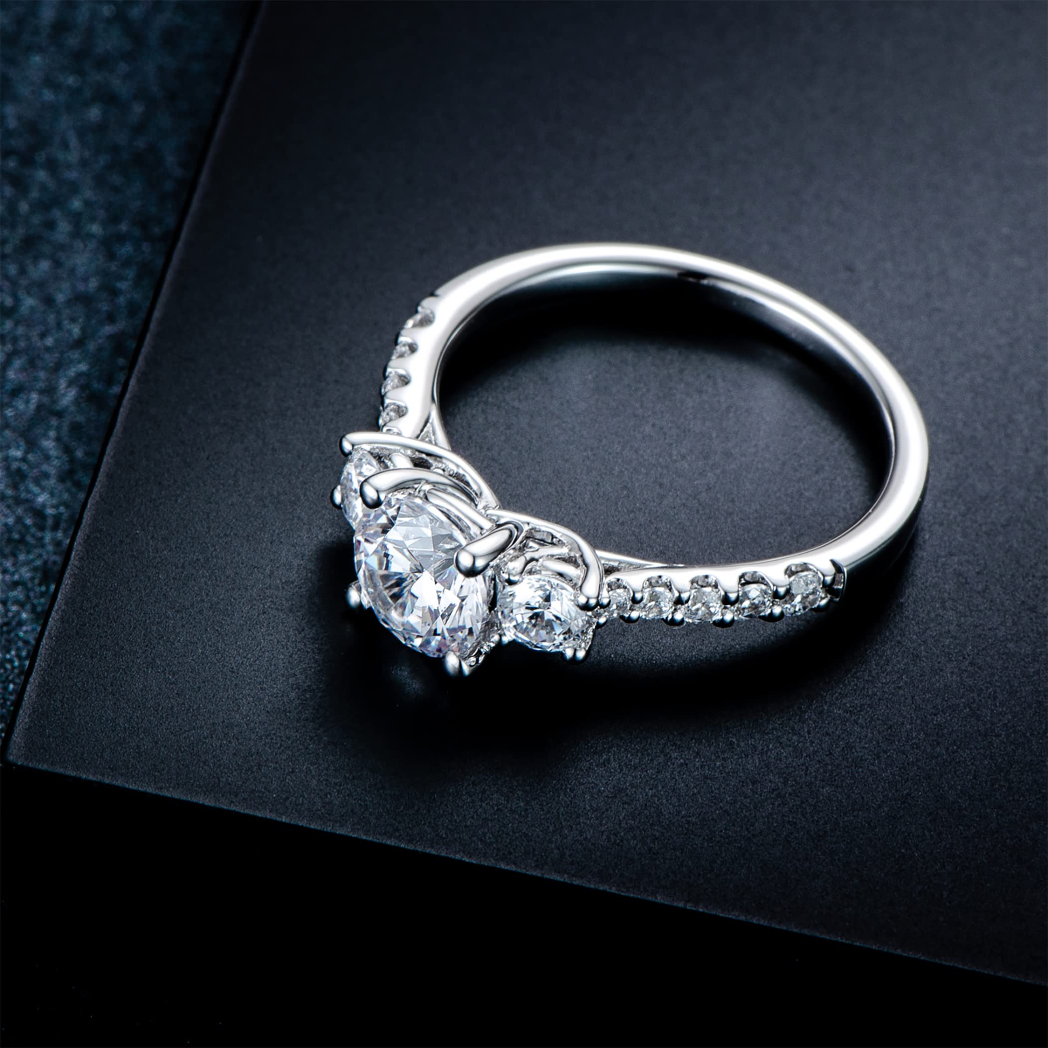 3 Stone 1ct Petite Micropavé Trio D Color VVS Moissanite Engagement Rings for Women Silver Moissanite Engagement Ring (8)