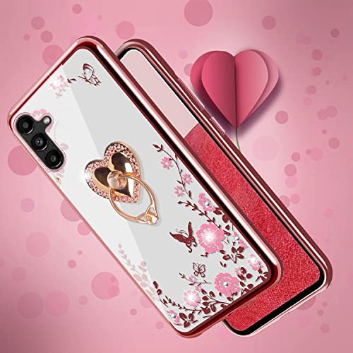 B-wishy for Samsung Galaxy A14 5G/A14 4G Glitter Crystal Butterfly Heart Floral Slim TPU Luxury Bling Cute Protective Cover with Kickstand+Strap for Samsung Galaxy A14 4G/5G(Rose Gold)