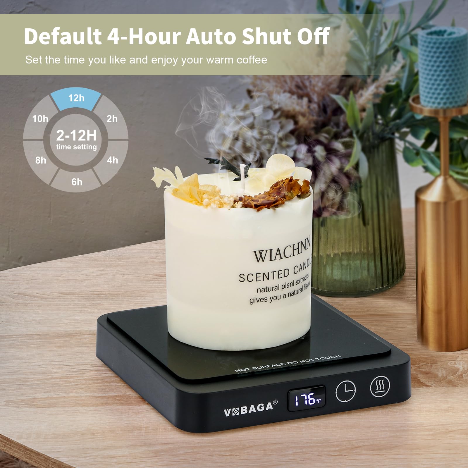 VOBAGA Mug Warmer, Coffee Cup Warmer for Office Home Desk with 5 Temperature Settings, Candle Warmer & Beverage Warmer with Digital Display Auto Shut Off for Heating Coffee, Cocoa, Milk, Tea(No Cup)