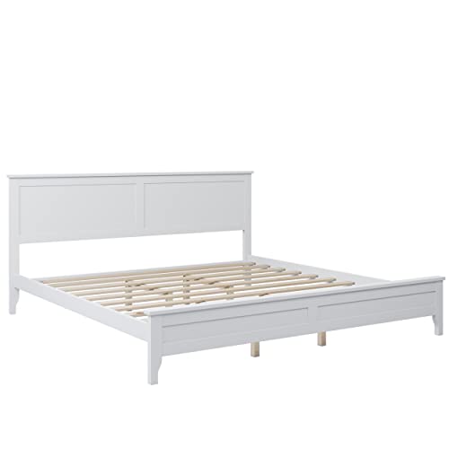 MERITLINE King Size Platform Bed Frame with Headboard/Solid Wood Foundation with Wood Slat Support/No Box Spring Needed/Easy Assembly, Rustic Pine (King, White)