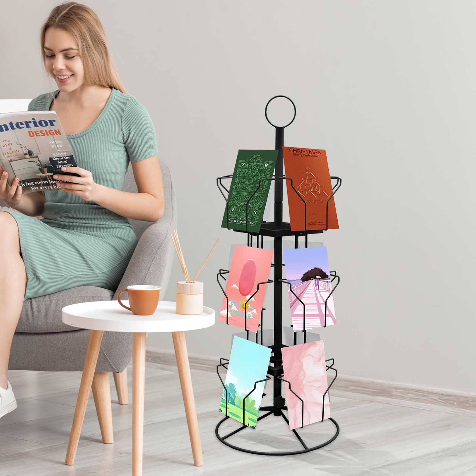 3 Tier Greeting Card Display Stand with 12 Card Pockets, 360°Rotating Card Stand Card Display Stand, Freestanding Mental Greeting Card Display Rack Card Holder Stand for Home Shops Office (White)