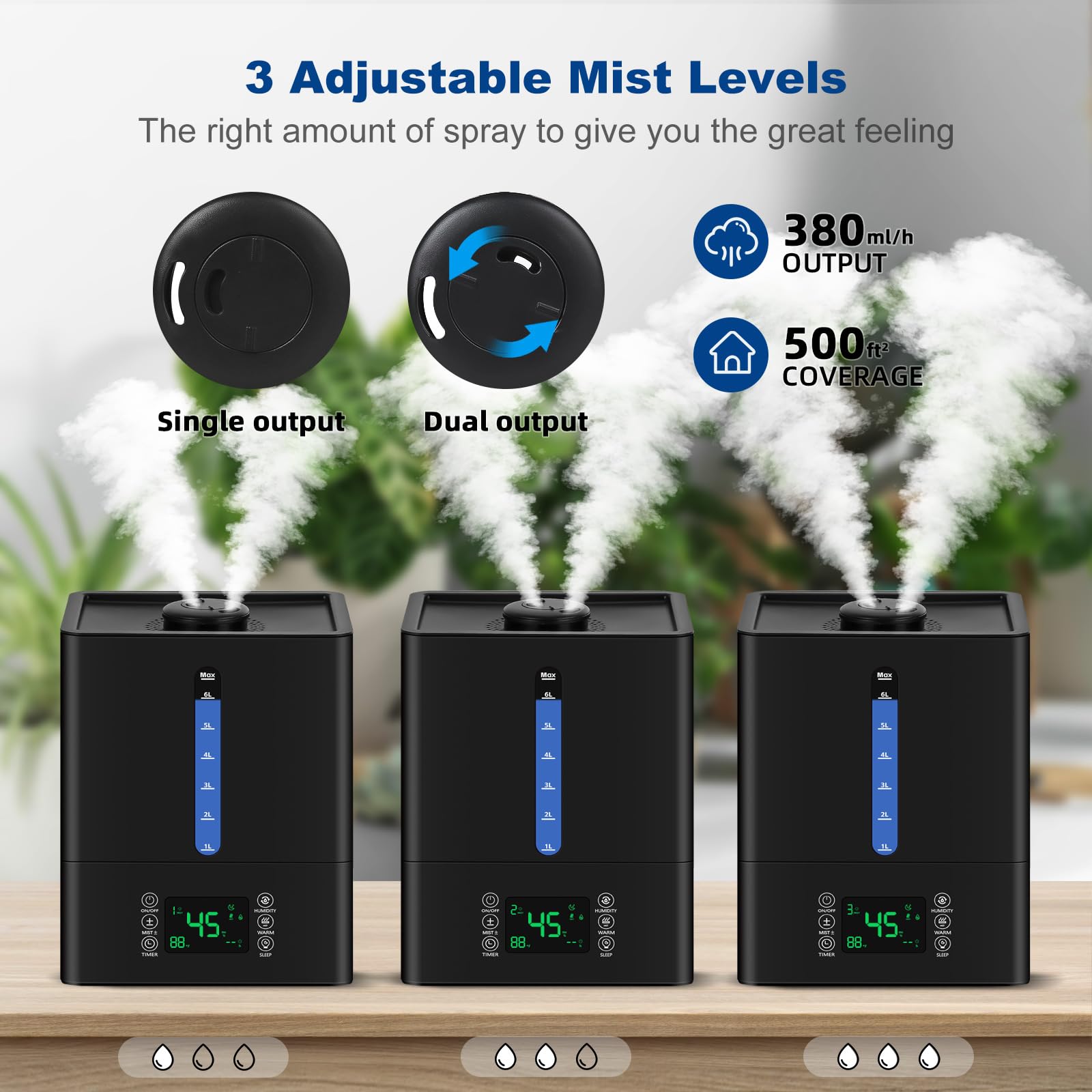 6.5L Humidifiers for Bedroom and Home, Cool and Warm Mist Humidifiers for Home & Plants, Mist Top Fill Desk Humidifiers Essential Oil Diffuser with Adjustable Mist,360°Nozzle,Auto Shut-Off,black