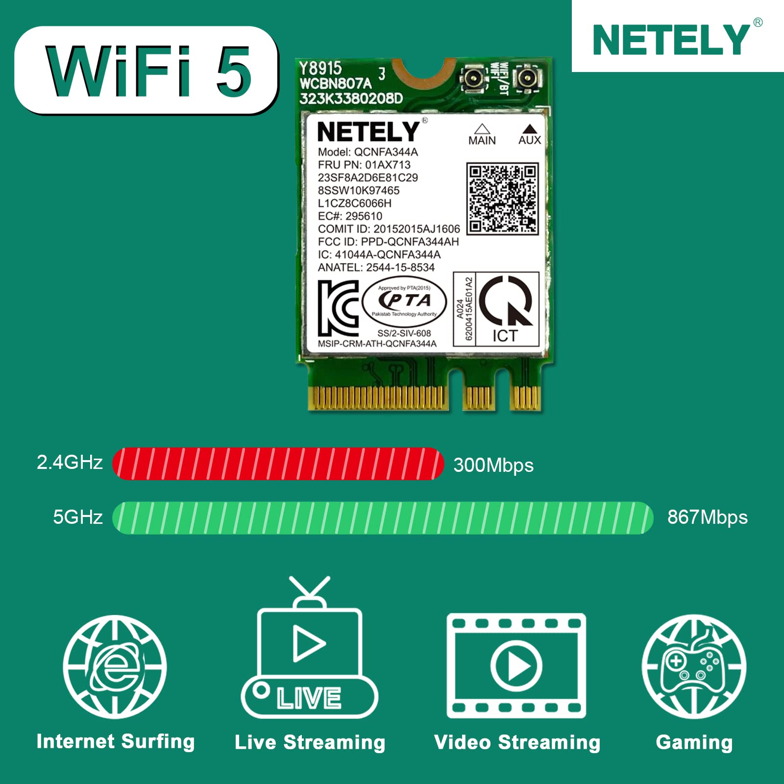 NETELY IEEE 802.11AC WiFi 5 NGFF M2 Interface 1200Mbps WiFi Adapter with Bluetooth 4.2 for Laptop PCs, 2.4GHz 300Mbps and 5GHz 867Mbps NGFF M2 WiFi Card, OEM Lenovo FRU PN: 01AX713 (QCNFA344A)