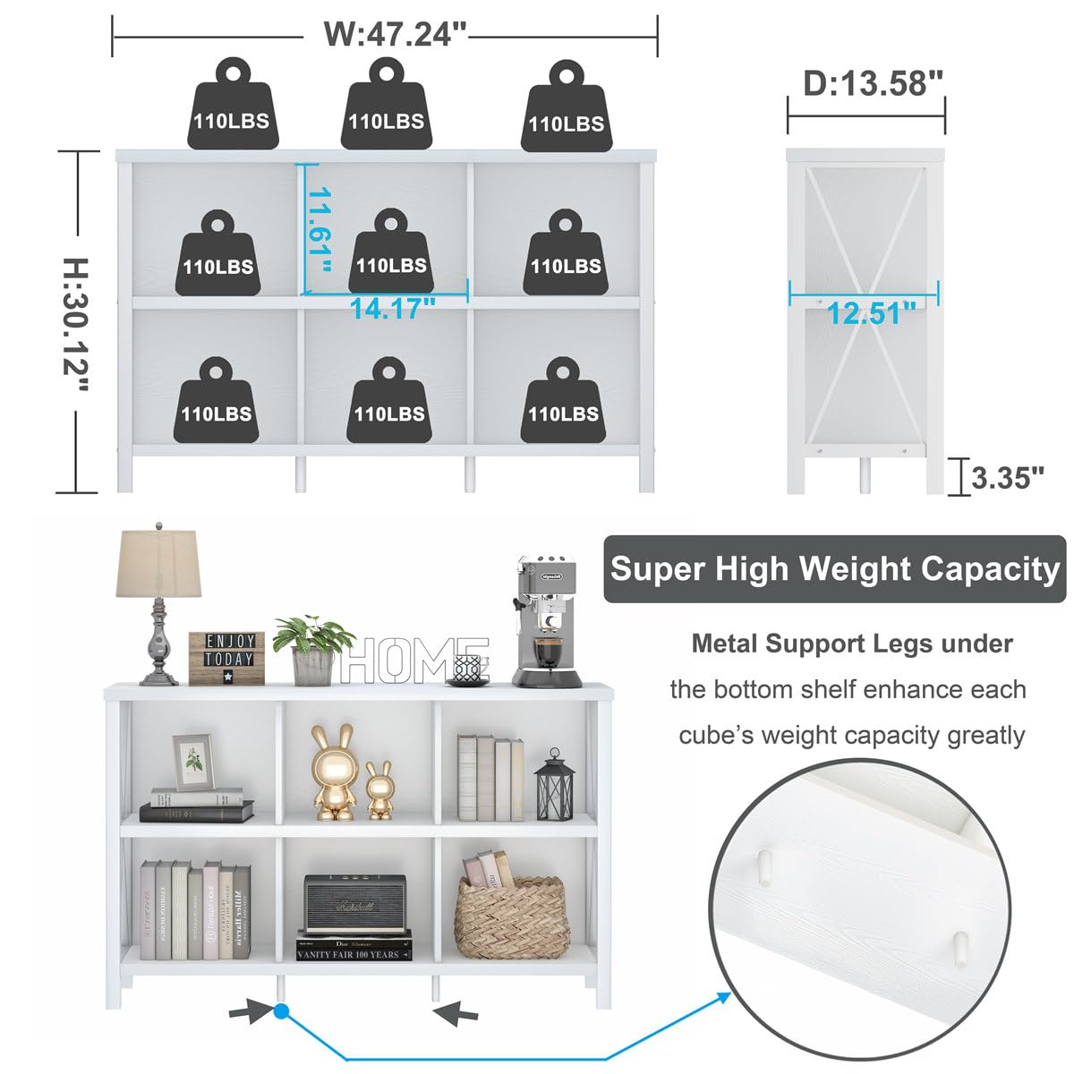 FATORRI 6 Cube Storage Organizer with Shelf, Long Wood and Metal Cubby Bookcase, Industrial Horizontal Bookshelf (White Oak, 47 Inch)