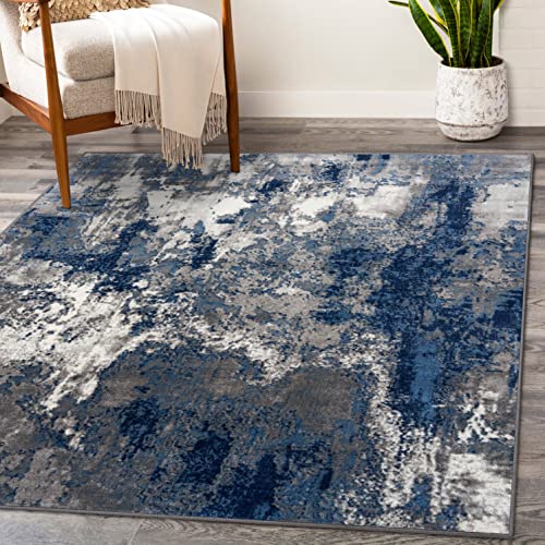 LUXE WEAVERS Cambridge Collection Modern Blue 5x7 Distressed Abstract Area Rug