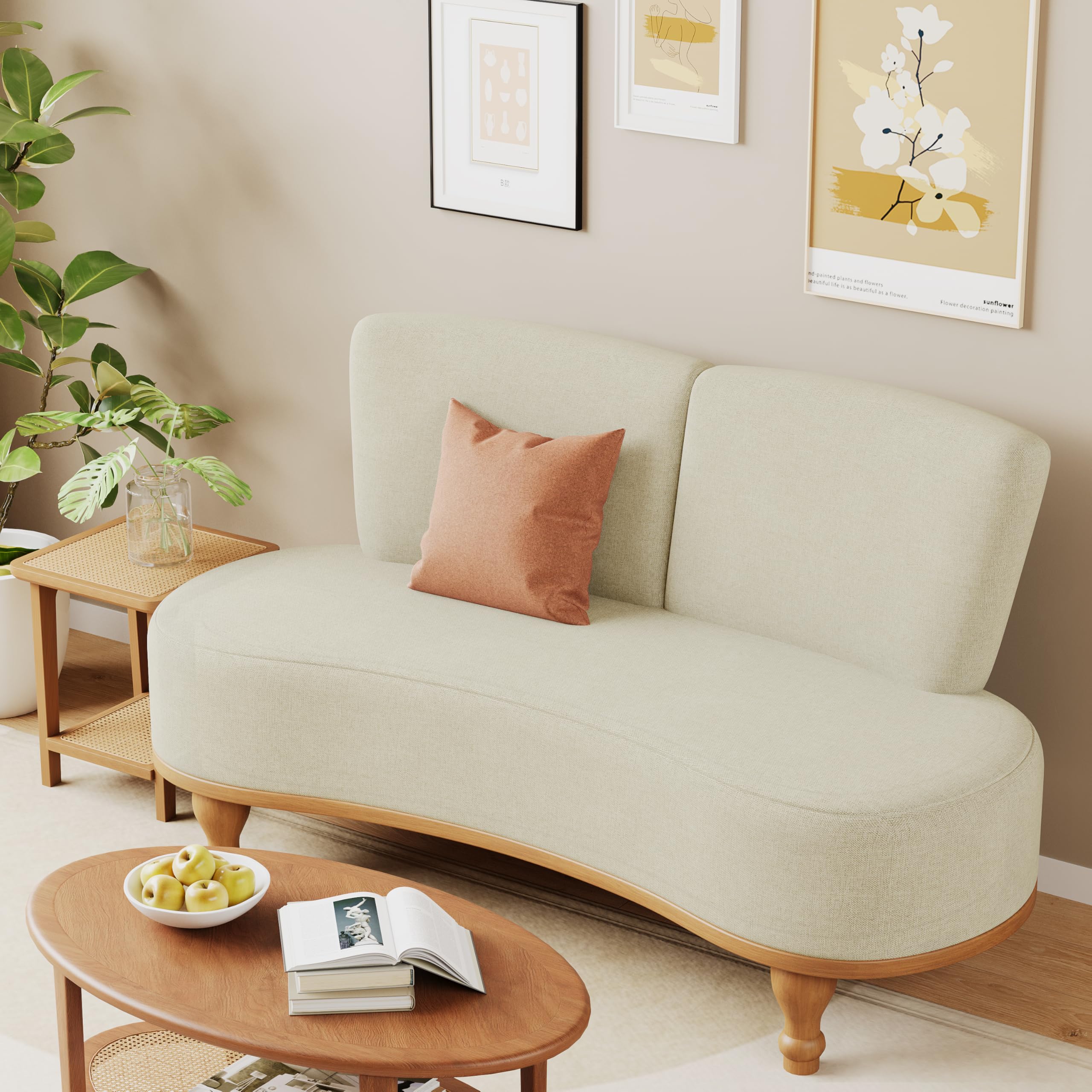 ALISH 49" Small Loveseat Sofa Settee Curved Sofa Couch Upholstered Dining Banquette Bench with Backrest and Wooden Legs for Dining Room Living Room Bedroom Funiture, Ivy