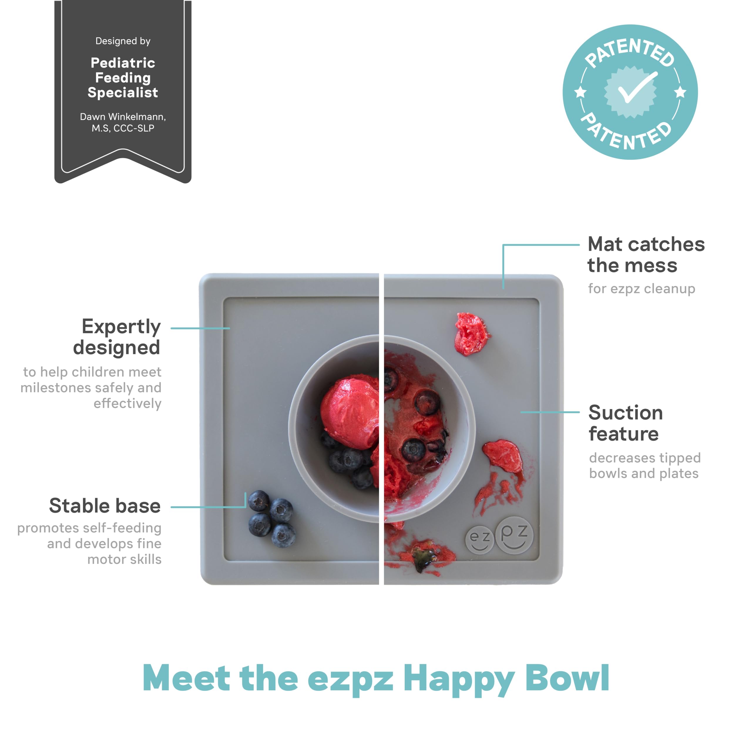 ezpz Happy Bowl - 24 Months + (Gray) - 100% Silicone Suction Bowl with Built-in Placemat β Dishwasher Safe