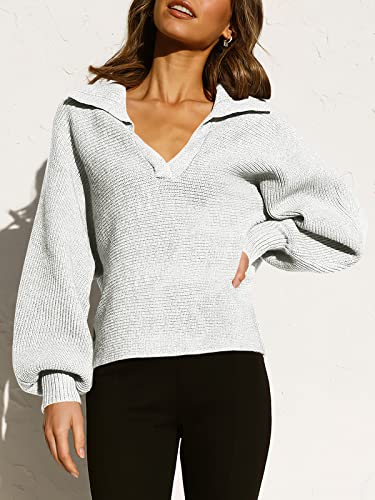 ANRABESS Women Polo V Neck Batwing Long Sleeve Casual Oversized Ribbed Knit Fall Pullover Sweater Top 599bai-L White