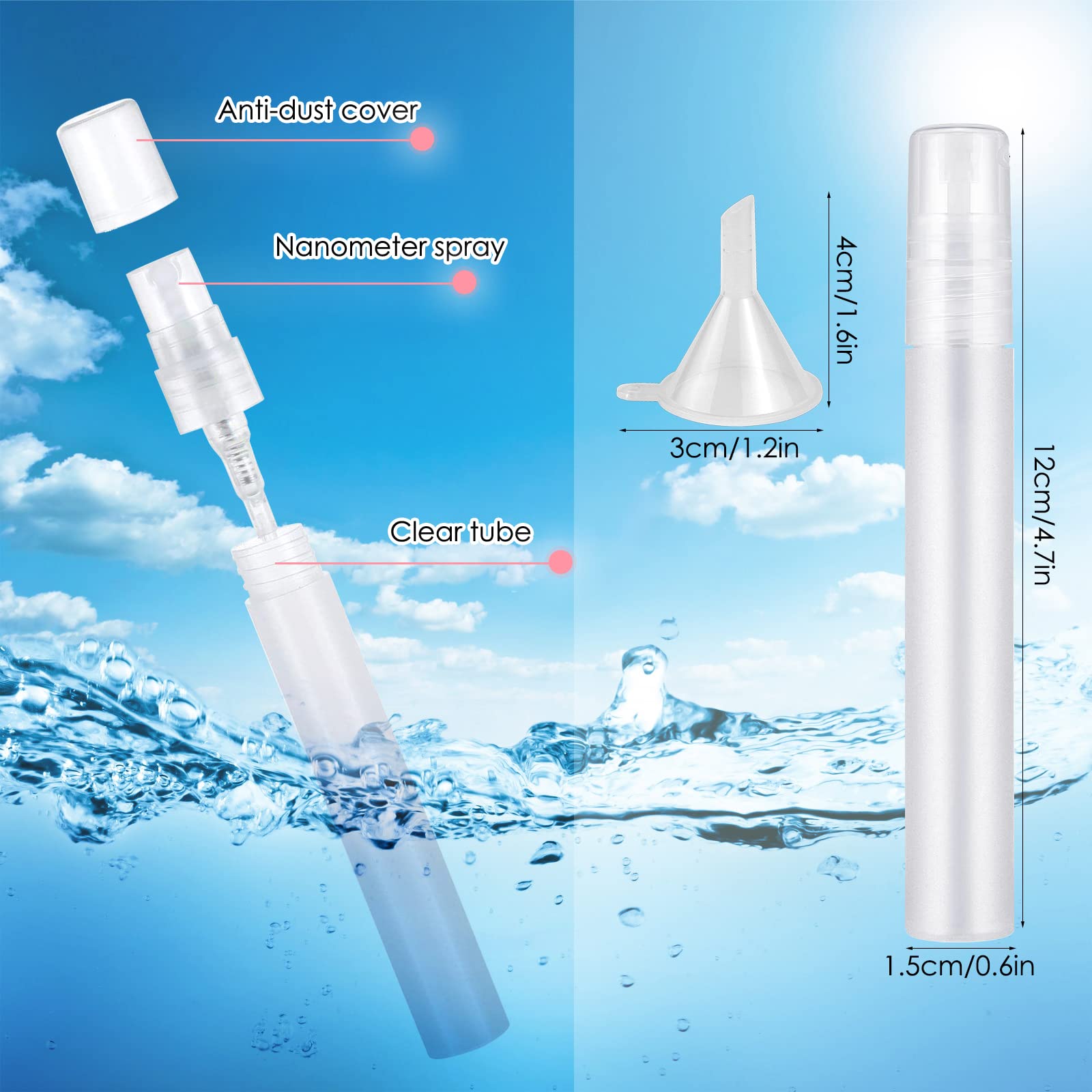 SelfTek 15 Pack Spritzer Bottle, 10ml Mini Portable Mist Empty Spray Bottle Perfume Travel Refillable Spray Bottles with 15 Funnels