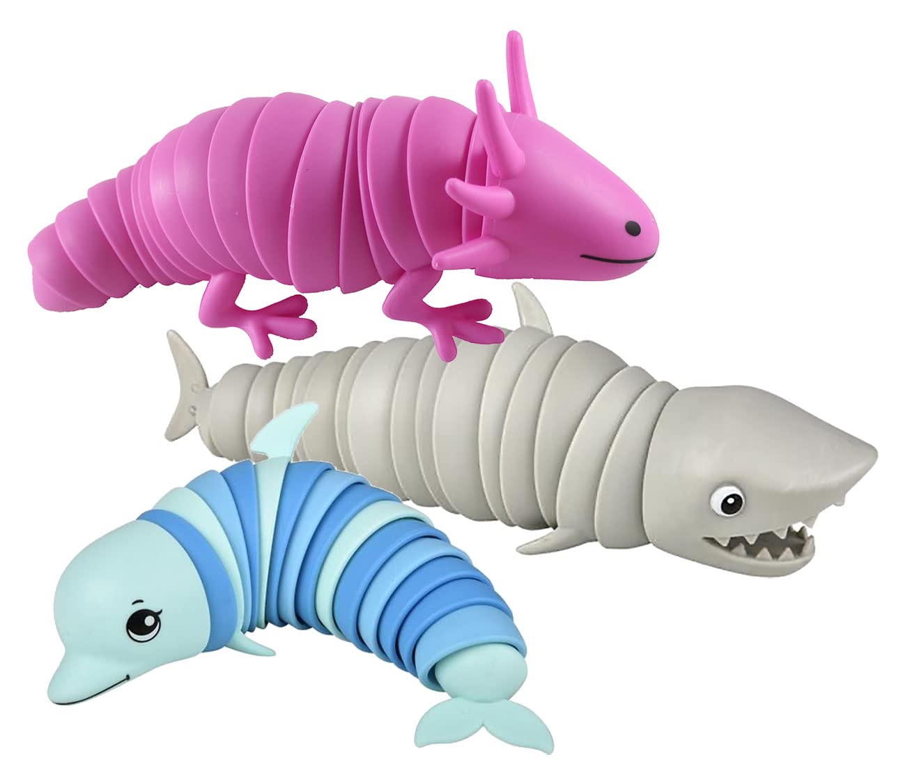 3 Wiggle Animals - Axolotl, Dolphin and Shark Fidget - Large Wiggle Articulated Jointed Moving Axolotyl Toy - Unique Gift (Random Colors)