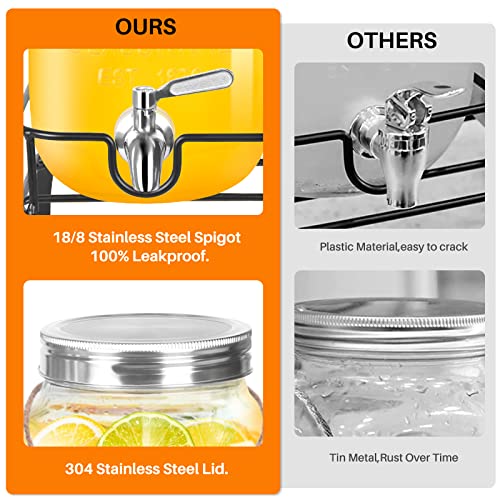 Drink Dispenser with Stand- Set of 2, 1 Gallon Glass Beverage Dispenser with Stainless Steel Spigot & Lid plus Ice Cylinder and Fruit Infuser, Drink Dispensers for Parties, Laundry Detergent Dispenser