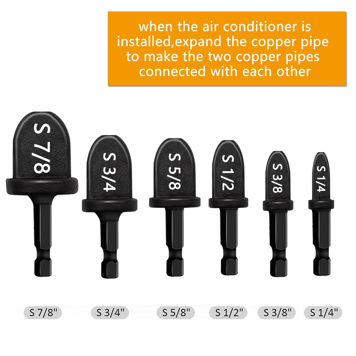 Aienxn 6PCS Swaging Tool Drill Bit Set, HVAC Repairing Set Air Conditioner Manual Copper Pipe Swage Tube Expander Soft Copper Tubing Tool with 1/4'', 3/8'', 1/2'', 5/8'', 3/4'', 7/8'' Bits Q-M-045