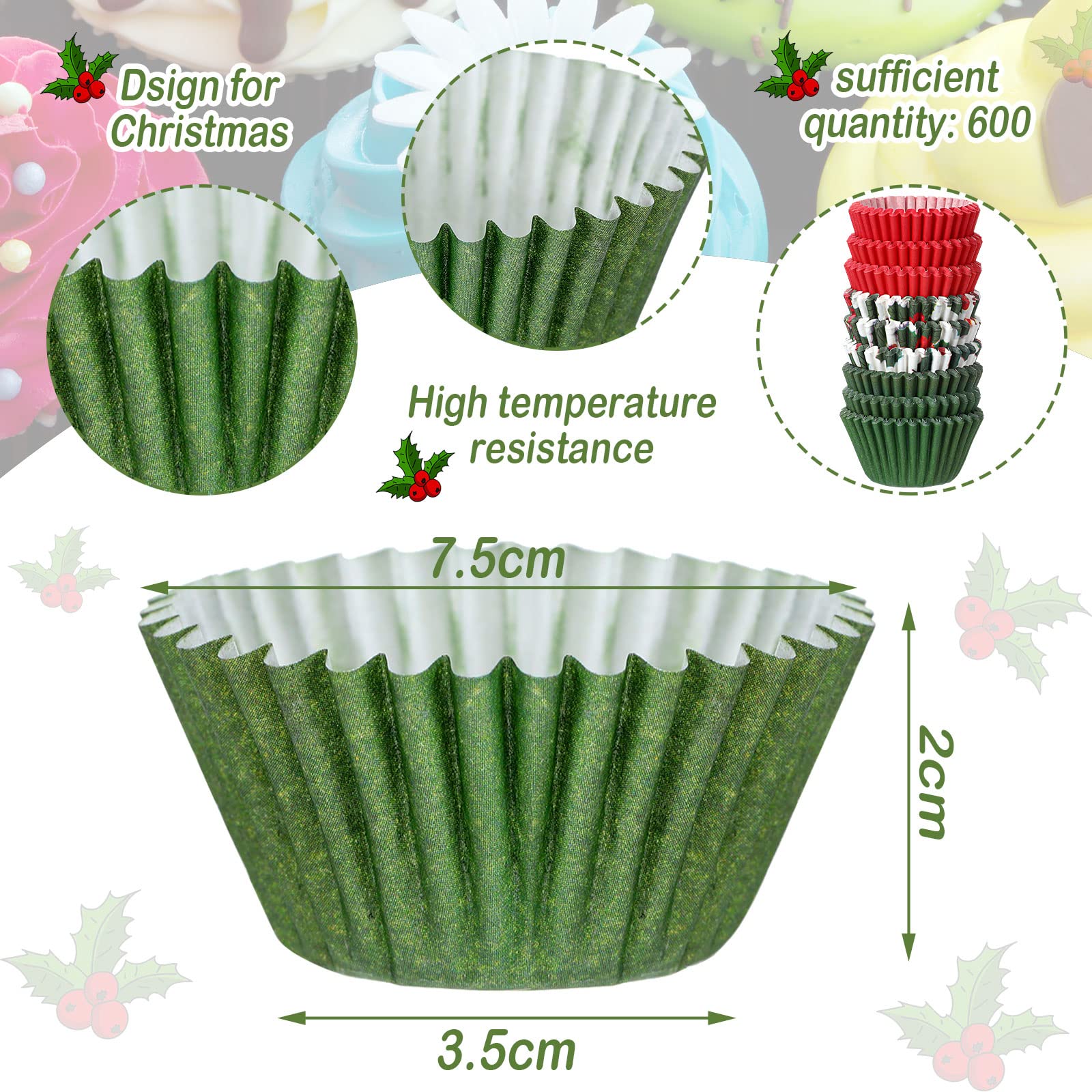 600 Pcs Christmas Cupcake Liners Mini Muffin Liners Paper Candy Cups 1.3 Inch Holly Print Baking Cups Small Xmas Cupcake Wrappers Cupcake Liners for Baking Truffles Chocolates Making (Elegant Style)