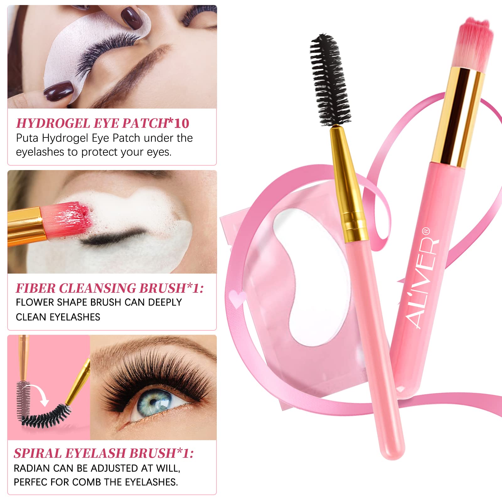 50ml Eyelash Foam Shampoo +10 Pcs Hydrogel Eye Patches+Mascara Brush + Cleaning Brush+ Rinse Bottle, Gentle & Friendly Lash Cleanser, Lash Bath, Eyelash Makeup Clean Just Needs 1-2 Minutes (Set A)