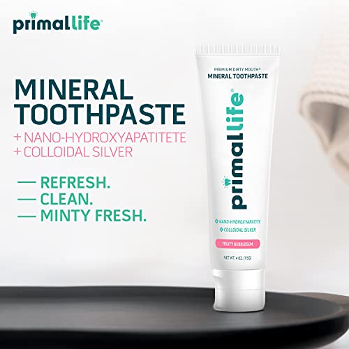 Primal Life Organics - Dirty Mouth Natural Alkalizing Toothpaste, Hydroxyapatite, Flavored Essential Oils, Natural Kaolin, Bentonite Clay, Colloidal Silver, Organic, Vegan (Bubblegum Flavor, 4oz)