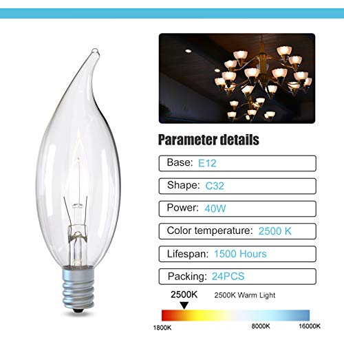 40W Candelabra Light Bulbs Candelabra Flame Tip Clear C32 120V E12 Base Incandescent Light Bulbs for Chandeliers, Ceiling Fan Lights, Pendants, Wall Sconces Decorative (24 Packs)