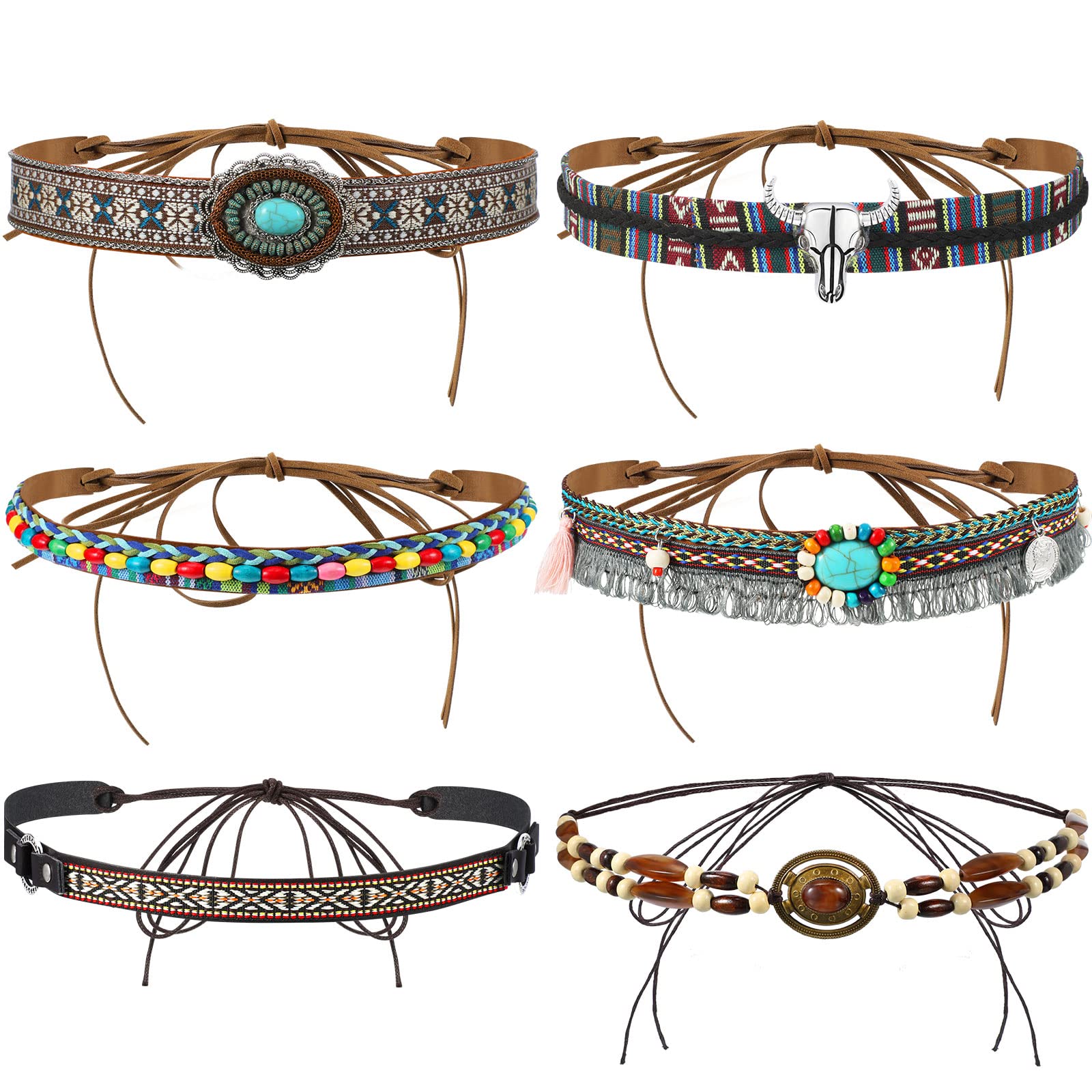 6 Pcs Cowboy Hat Bands for Women Western Turquoise Handmade Adjustable Beaded HatBands for Men Cowboy Panama Hat Mexican (Rustic Style)