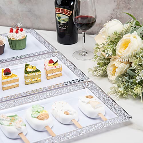 BBG 12Pcs Plastic Silver Serving Trays and Platters Set, 13.77 * 8.46β White with Silver Lace Design, Rectangular Plastic Food Platters, Disposable Serving Tray for Party Weddings Reception Buffet