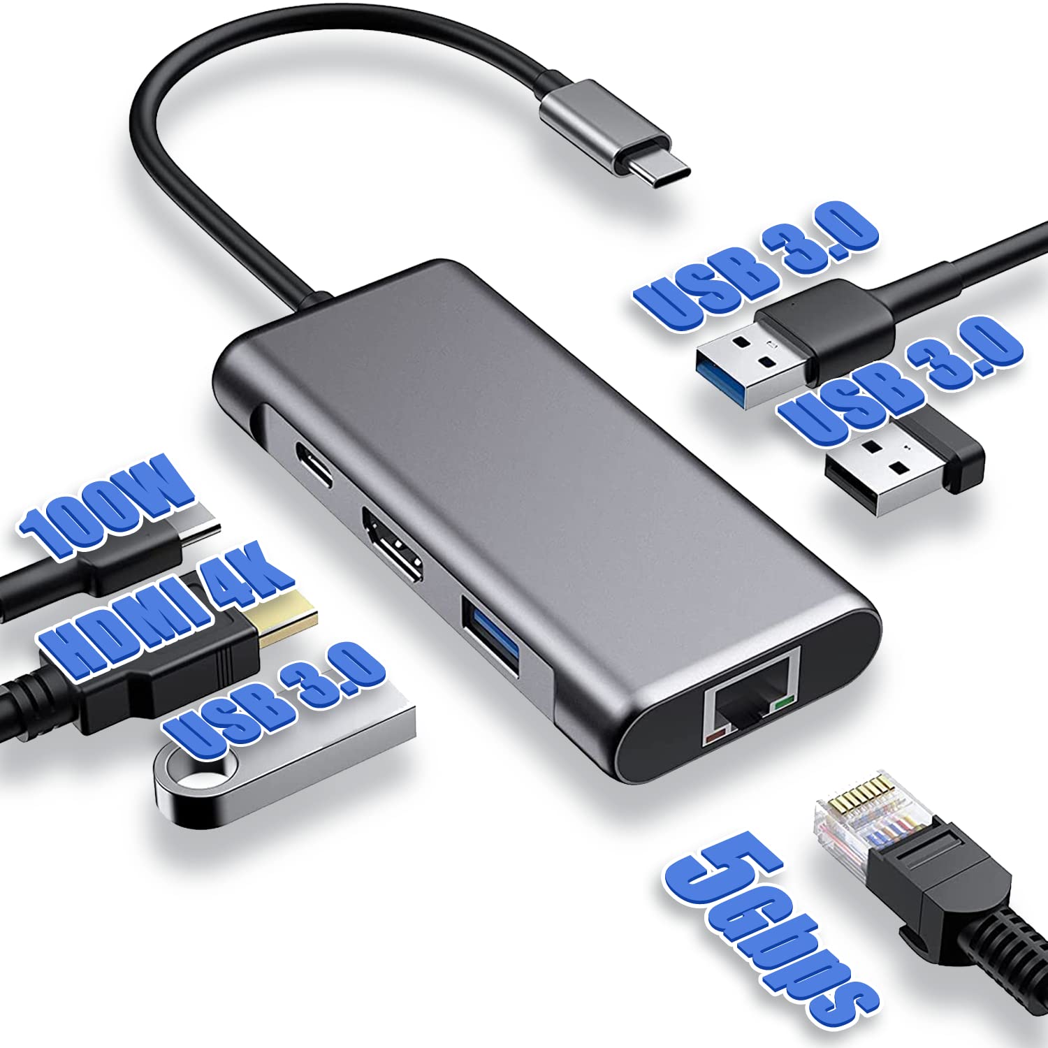 6 in 1 USB C Hub, Type C Hub Adapter with 4K HDMI and Gigabit RJ45 Ethernet Port for MacBook Pro/Air HP Dell Laptops