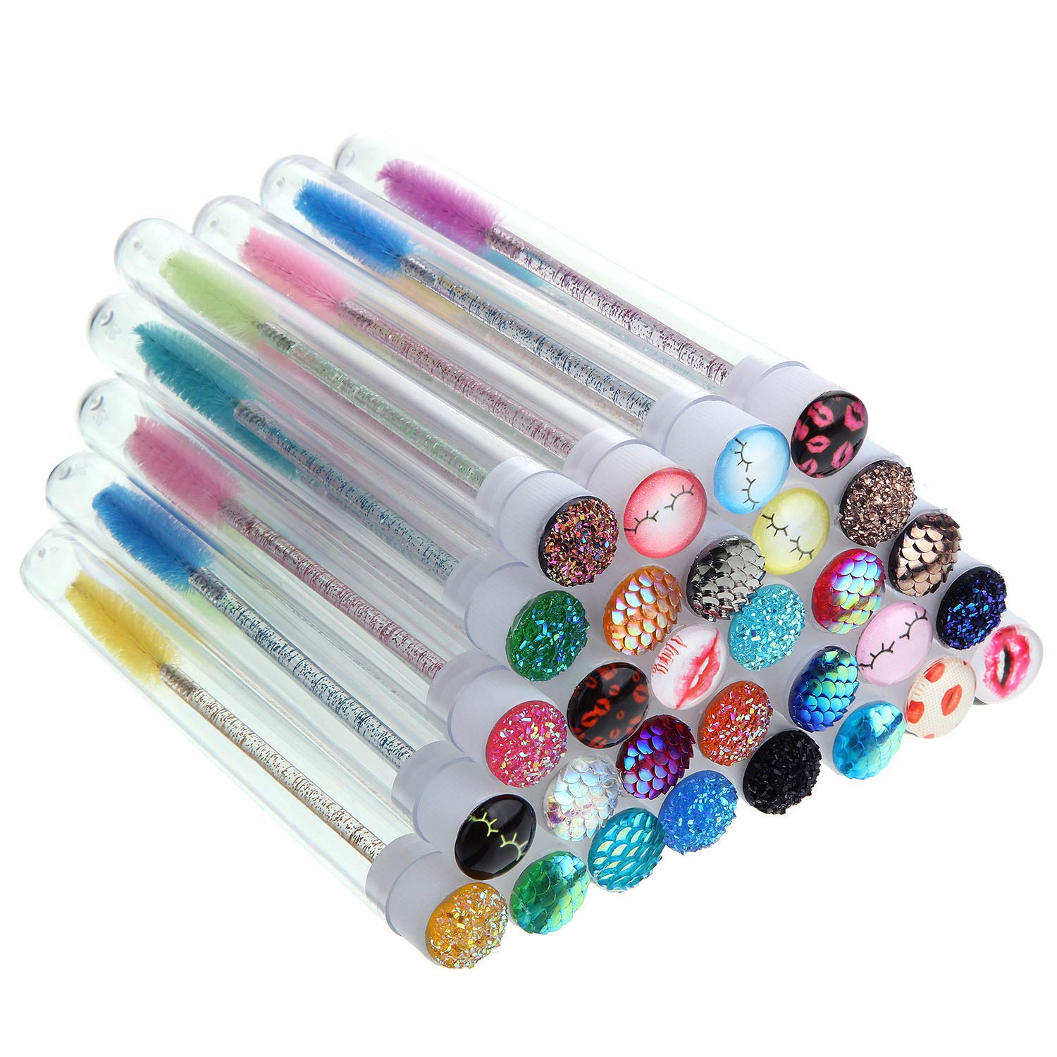30 Sets Disposable Mascara Wands Set, Includes 30 Crystal Eyelash Brush Eyebrow Applicator Makeup Tool and 30 Reusable Diamond Eyelash Tube for Women Girls (Assorted Patterns)