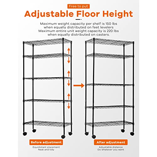 MGHH Garage Shelving, Metal Shelves 5 Tier Wire Shelving Unit Adjustable Heavy Duty Sturdy Steel Shelving Rolling Cart with Casters for Pantry Garage Kitchen, Black