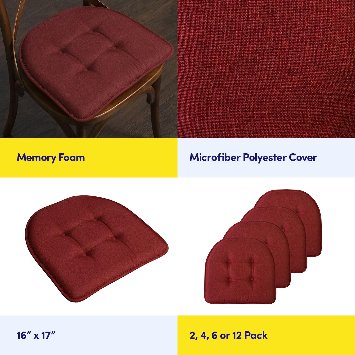 Sweet Home Collection Chair Cushion Memory Foam Pads Tufted Slip Non Skid Rubber Back U-Shaped 17" x 16" Seat Cover, 4 Count (Pack of 1), Wine Burgundy