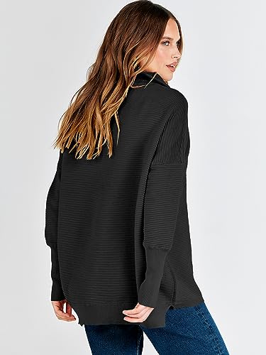 ANRABESS Women's Sweater Oversized Quarter Zipper Casual Long Sleeve Collar High Neck Ribbed Knit Loose Fit Half Zip Tunic Pullover 2023 Fashion Fall Outfits Tops 802heise-XL Black