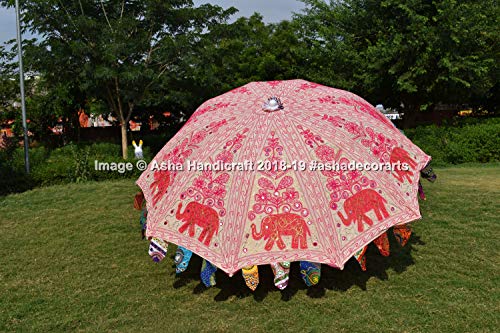 Asha Handicraft 72" Indian Handmade Embroidered Elephant Garden Umbrella, Large Outdoor Patio Parasols, Beach Umbrella Sun Shade Wedding Decorative Umbrellas (Large, White & Pink)