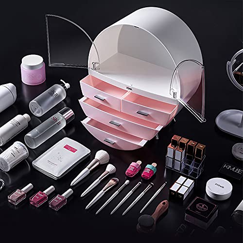 Ihuiniya Makeup Storage Organizer Box，Cosmetics storage display rack with drawer，Waterproof, dustproof, elegant display cabinet，Suitable for bathroom countertop, bedroom dresser (Large Pink)