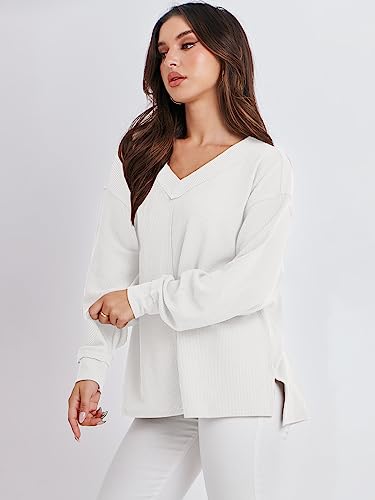 ANRABESS Women’s Casual Long Sleeve Sweatshirt V Neck Off Shoulder Shirt Loose Baggy Comfy Knit Pullover Sweaters Tunic Top 2023 Fall Clothes A1069baise-XL White