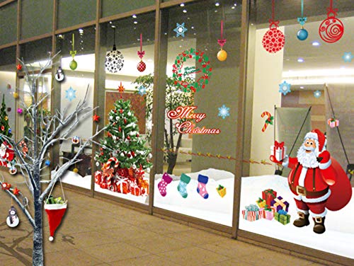 LONGTEN Christmas Windows Static Stickers Clings Santa Claus Snowman Deer Snowflake Removable Vinyl Christmas Tree DIY Wall Window Door Mural Decal Sticker for Showcase