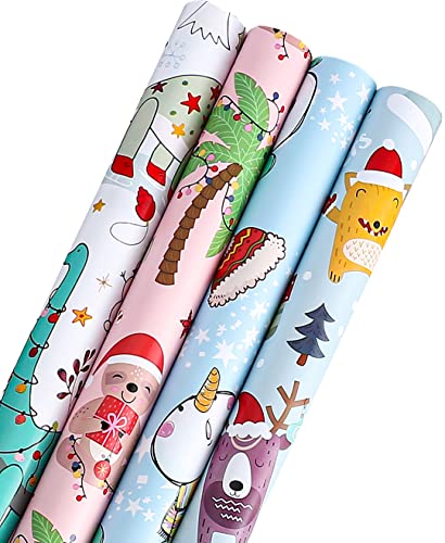 AUCLAY Christmas Wrapping Paper Rolls for Kids Holiday Gift Wrap - Cute Styles Included Dinosaur, Snowman, Santa Animals, Alpaca and Sloth - Pack of 4, 23.6 Inch X 8 Feet per Roll