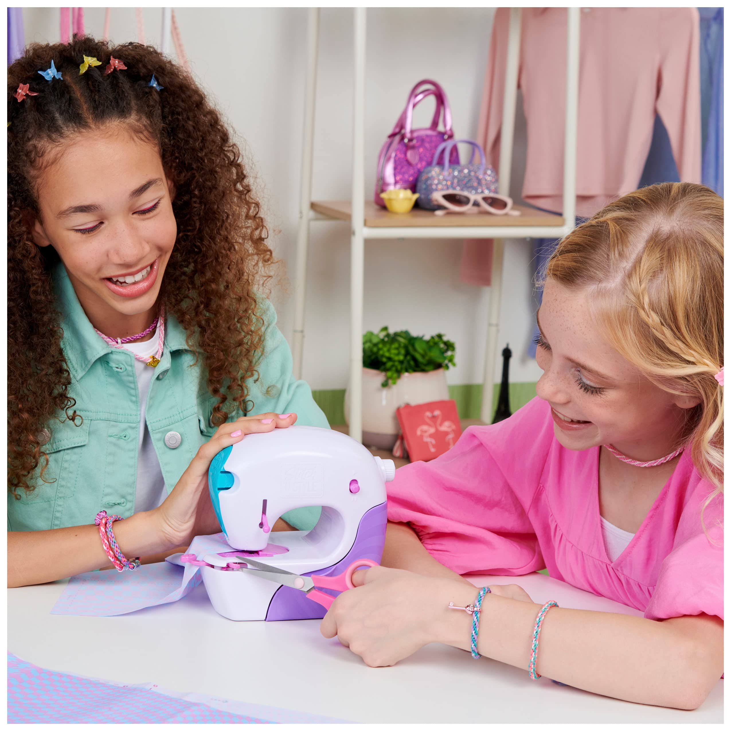 Cool Maker, Stitch ‘N Style Fashion Studio, Pre-Threaded Sewing Machine Toy with Fabric and Water Transfer Prints, Arts & Crafts Kids Toys for Girls