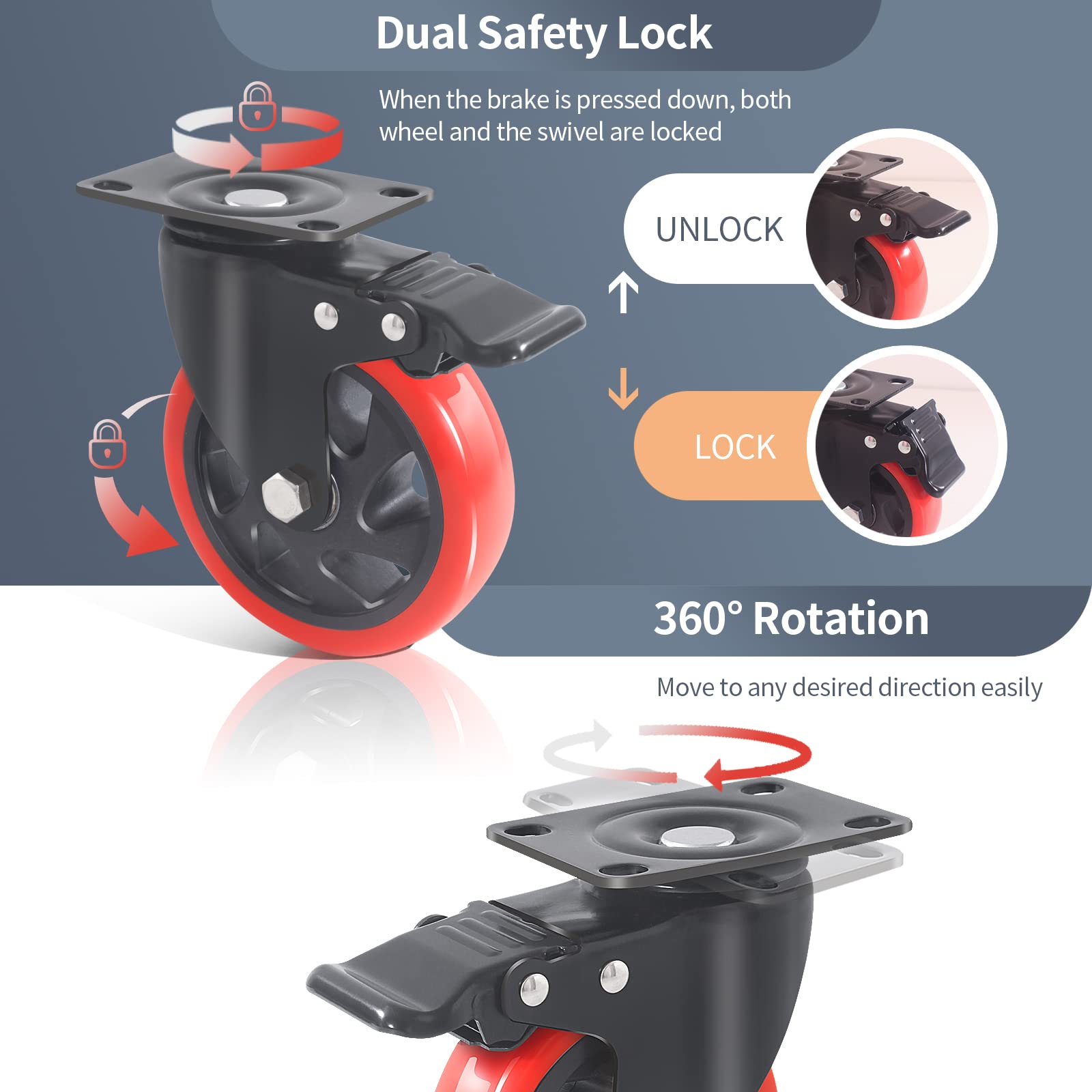 5 Inch Caster Wheels with Brake, Casters Set of 4 Heavy Duty 2000LBS, Safety Dual Locking Industrial Casters, Polyurethane Foam No Noise Wheels for Cart, Workbench(Two Hardware Kits Provided)